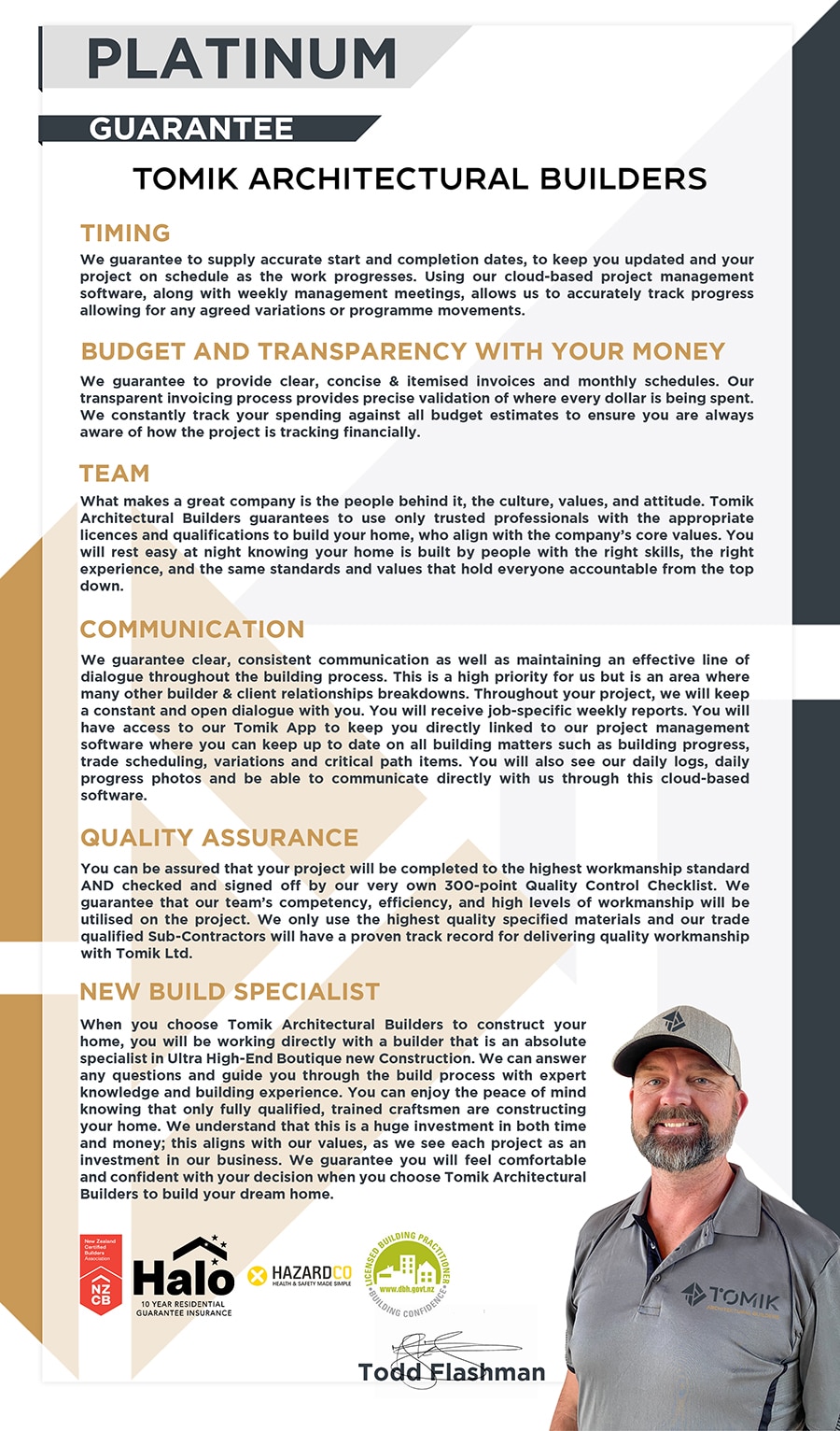 Our Guarantee - Tomik Architectural Builders